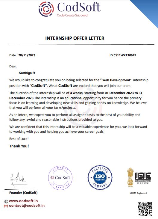Karthiga R on LinkedIn: #internship #webdevelopment #codsoft #codsoft Karthiga R on LinkedIn: #internship #webdevelopment #codsoft #codsoft