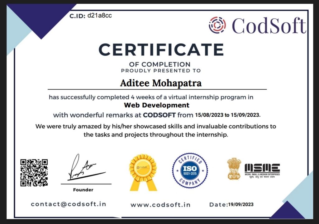 Aditee Mohapatra on LinkedIn: #codsoft #webdevelopment #experience # ... Aditee Mohapatra on LinkedIn: #codsoft #webdevelopment #experience # ...
