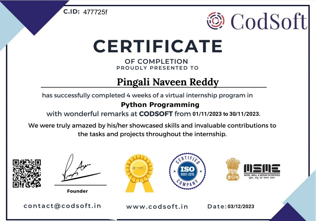 Naveen reddy Pingali on LinkedIn: #codsoft #codsoft #pythonprogramming ... Naveen reddy Pingali on LinkedIn: #codsoft #codsoft #pythonprogramming ...