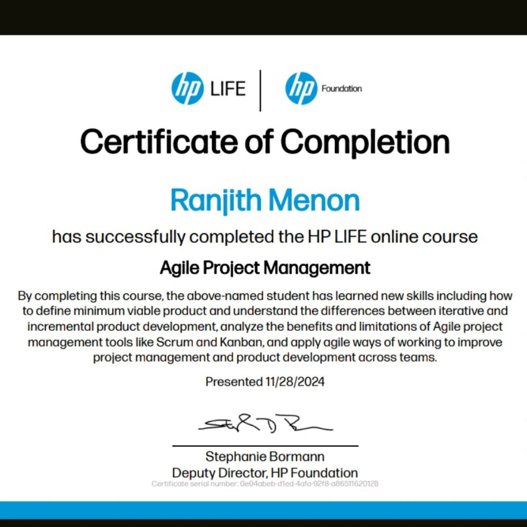 Ranjith Menon on LinkedIn: PROJECT MANAGEMENT CERTIFICATE Ranjith Menon on LinkedIn: PROJECT MANAGEMENT CERTIFICATE