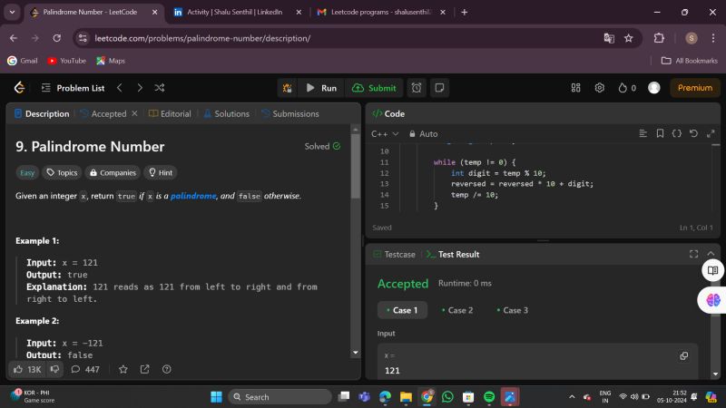 Shalu Senthil on LinkedIn: Leetcode Programming 17. Palindrome Number ... Shalu Senthil on LinkedIn: Leetcode Programming 17. Palindrome Number ...