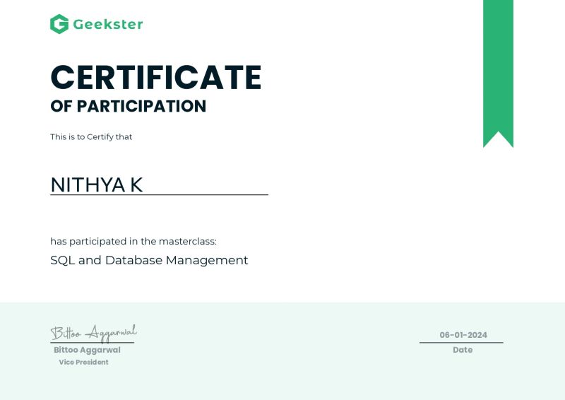 NITHYA K on LinkedIn: #sql #geekster #continuouslearning NITHYA K on LinkedIn: #sql #geekster #continuouslearning