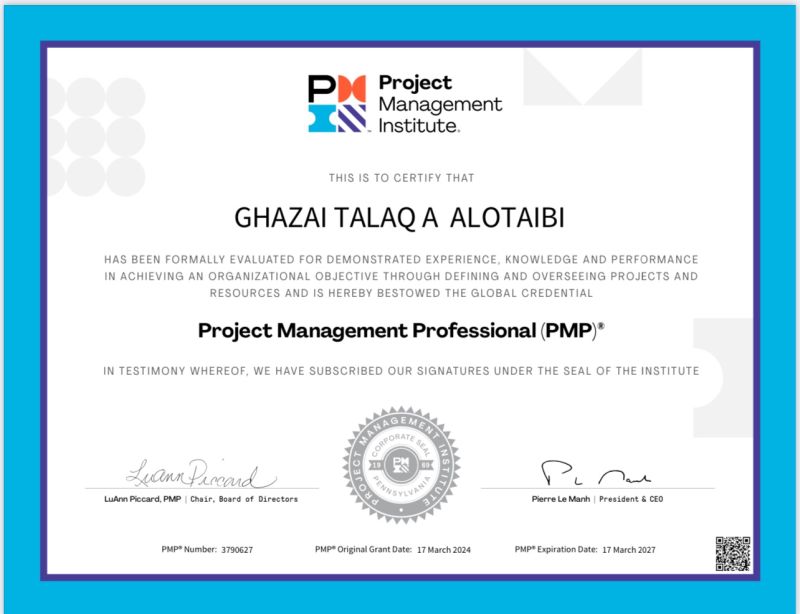 Ghazai Alotaibi PMP® on LinkedIn: بفضل الله حصلت على شهادة ادارة ... Ghazai Alotaibi PMP® on LinkedIn: بفضل الله حصلت على شهادة ادارة ...