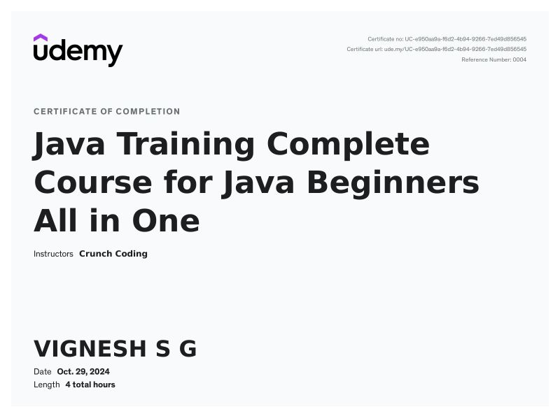 VIGNESH S G on LinkedIn: #udemy #java #crunchcoding VIGNESH S G on LinkedIn: #udemy #java #crunchcoding