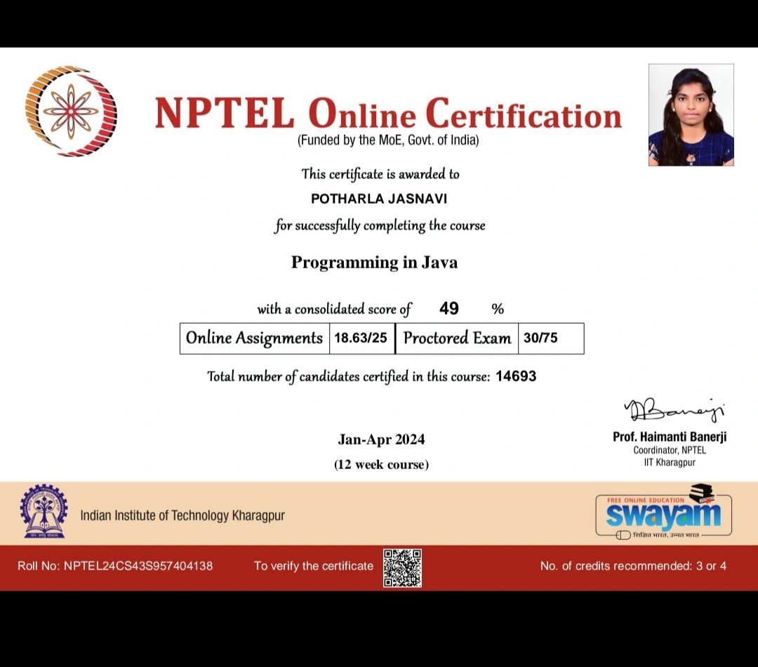 Potharla Jasnavi on LinkedIn: #nptel #java #certification #programming ... Potharla Jasnavi on LinkedIn: #nptel #java #certification #programming ...