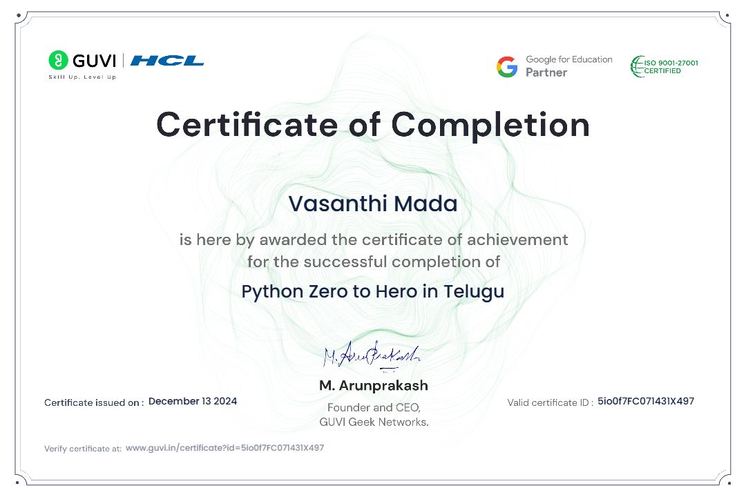 Vasanthi Mada on LinkedIn: #python #guvi #programming #achievement Vasanthi Mada on LinkedIn: #python #guvi #programming #achievement