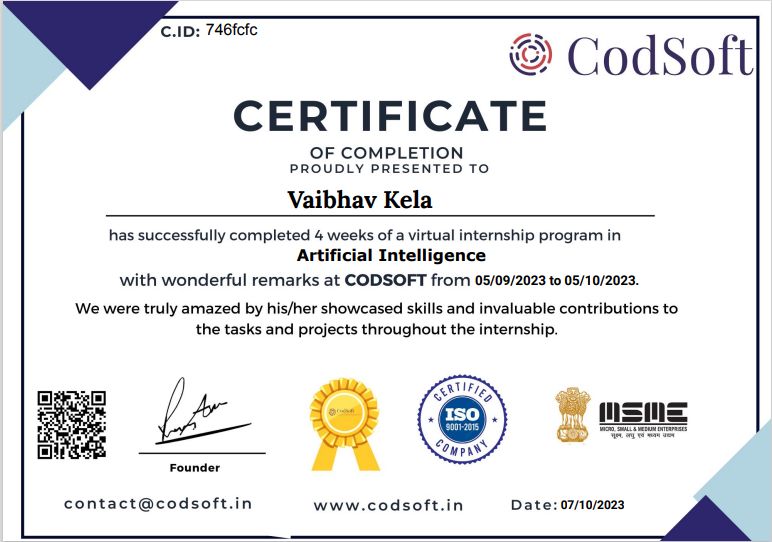 Vaibhav Kela on LinkedIn: #codsoft #internship Vaibhav Kela on LinkedIn: #codsoft #internship