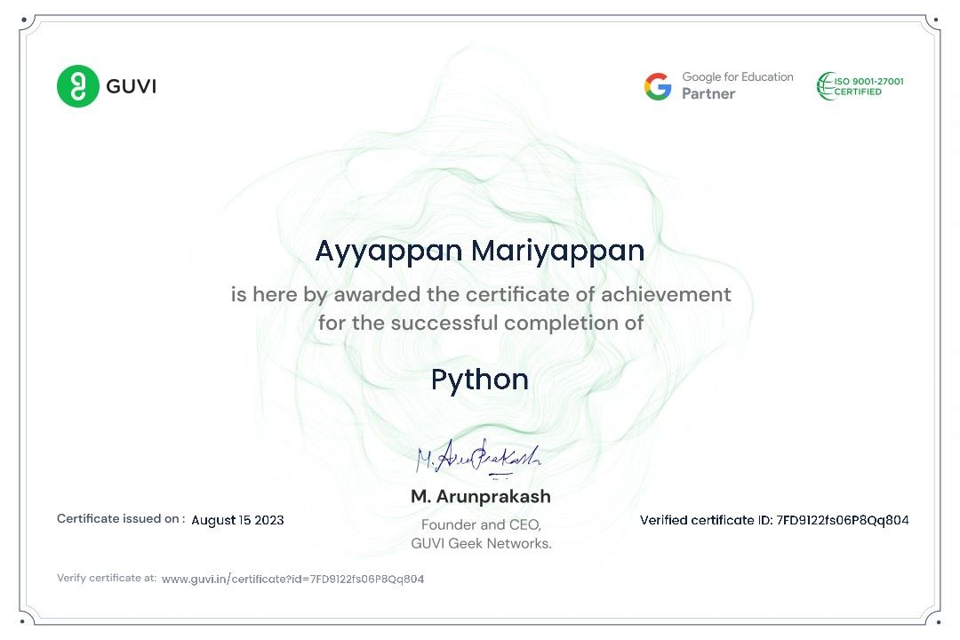 Ayyappan M on LinkedIn: #guvi #pythondeveloper #pythonprogramming Ayyappan M on LinkedIn: #guvi #pythondeveloper #pythonprogramming