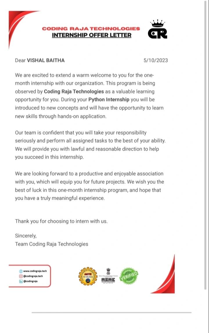 I'm happy to share this intership offer letter in python Coding Raja ... I'm happy to share this intership offer letter in python Coding Raja ...