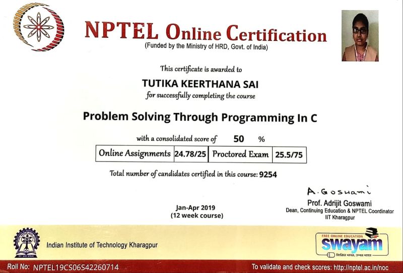 Keerthana Sai Tutika on LinkedIn: NPTEL certification💫 Keerthana Sai Tutika on LinkedIn: NPTEL certification💫
