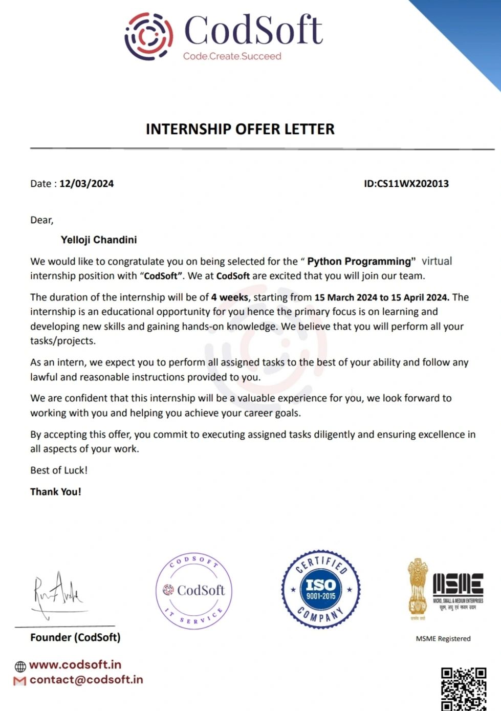 Chandini Yelloji on LinkedIn: #codsoft #internship #pythonprogramming Chandini Yelloji on LinkedIn: #codsoft #internship #pythonprogramming