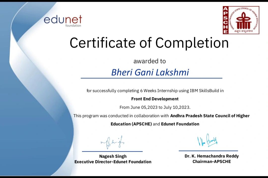 Gani lakshmi Bheri on LinkedIn: #edunet #frontenddevelopment #apsche Gani lakshmi Bheri on LinkedIn: #edunet #frontenddevelopment #apsche