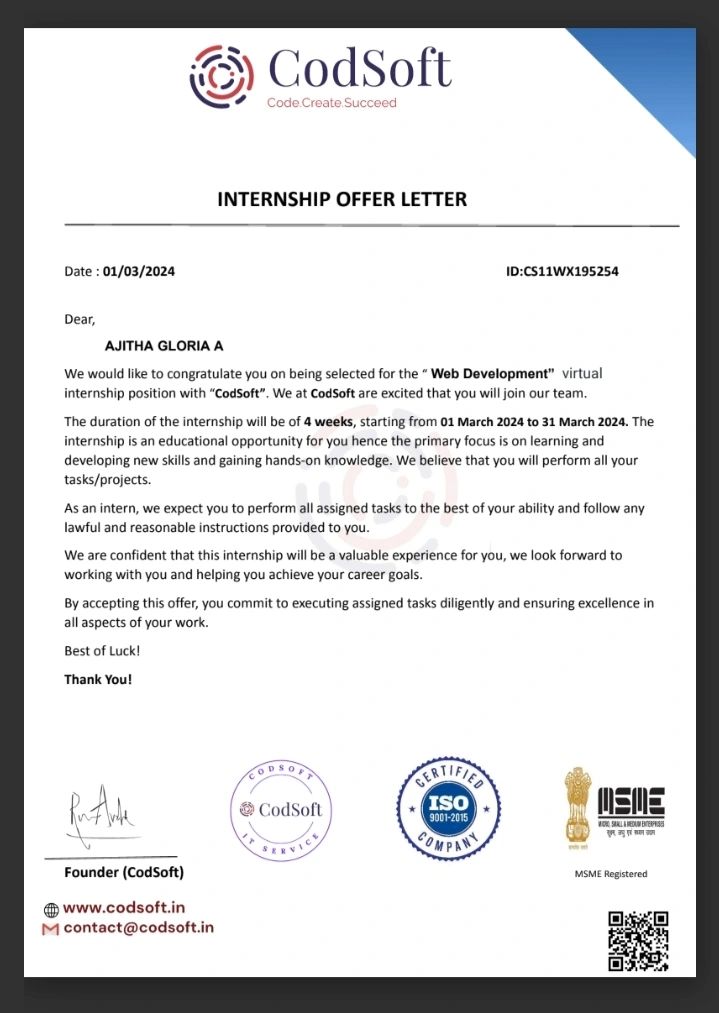 Ajitha Gloria on LinkedIn: #webdevelopment #internship #codsoft Ajitha Gloria on LinkedIn: #webdevelopment #internship #codsoft