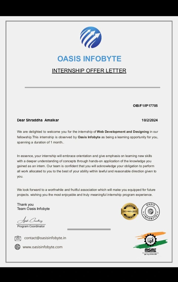Shraddha Amalkar on LinkedIn: #oasisinfobyte #webdevelopment #designing ... Shraddha Amalkar on LinkedIn: #oasisinfobyte #webdevelopment #designing ...