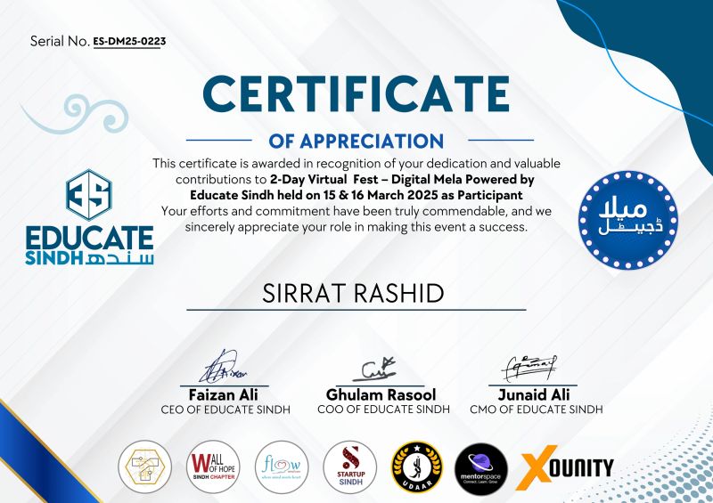 Grateful to receive this Certificate of Appreciation from Educate Sindh ... Grateful to receive this Certificate of Appreciation from Educate Sindh ...