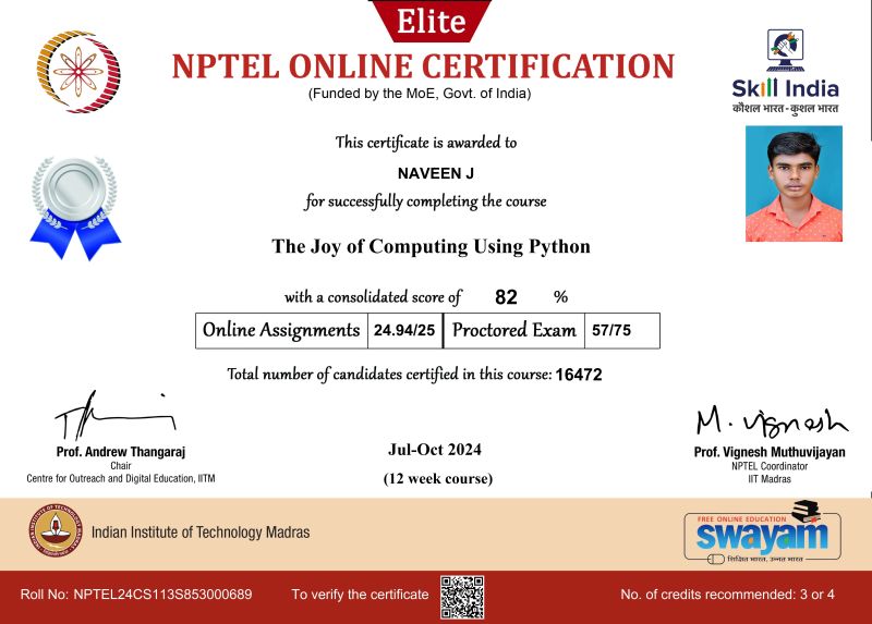 Naveen J on LinkedIn: #python #programming #nptel #learning #achievement Naveen J on LinkedIn: #python #programming #nptel #learning #achievement