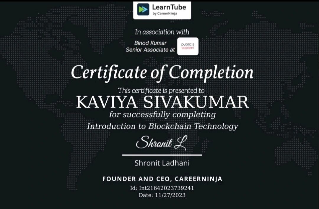 Completion of blockchain technology course | Kaviya Siva Kumar posted ... Completion of blockchain technology course | Kaviya Siva Kumar posted ...