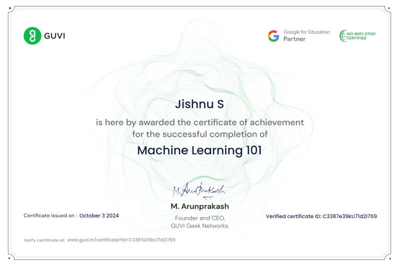Jishnu S on LinkedIn: #machinelearning #certificate #guvi #ai # ... Jishnu S on LinkedIn: #machinelearning #certificate #guvi #ai # ...