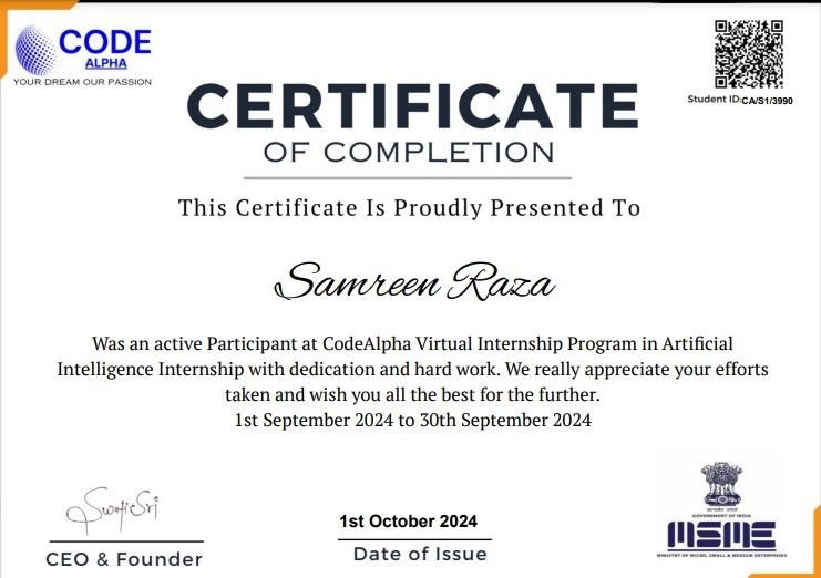Samreen Raza on LinkedIn: #codealpha #internship #ai Samreen Raza on LinkedIn: #codealpha #internship #ai