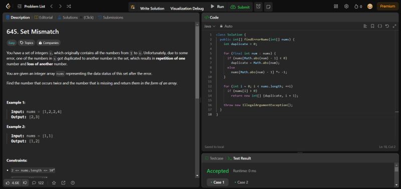 LeetCode Problem: Set Mismatch | AASHVIN S posted on the topic | LinkedIn LeetCode Problem: Set Mismatch | AASHVIN S posted on the topic | LinkedIn