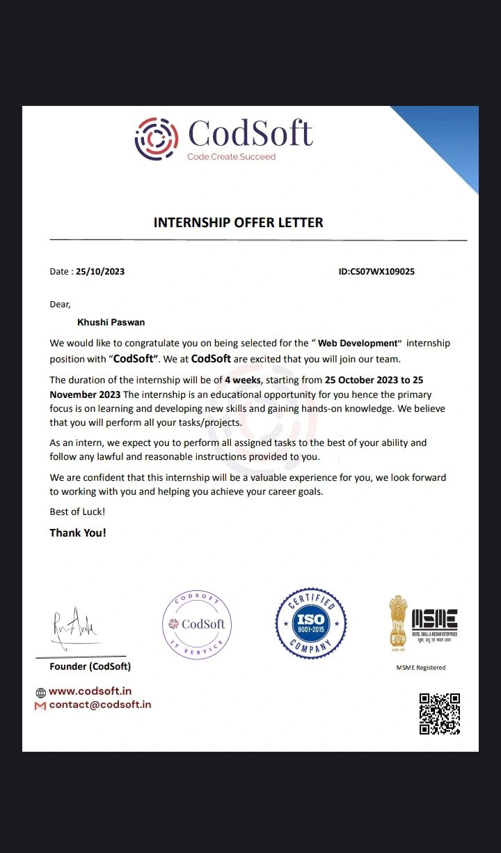 Khushi Paswan on LinkedIn: #codsoft #codsoft #internship #share # ... Khushi Paswan on LinkedIn: #codsoft #codsoft #internship #share # ...