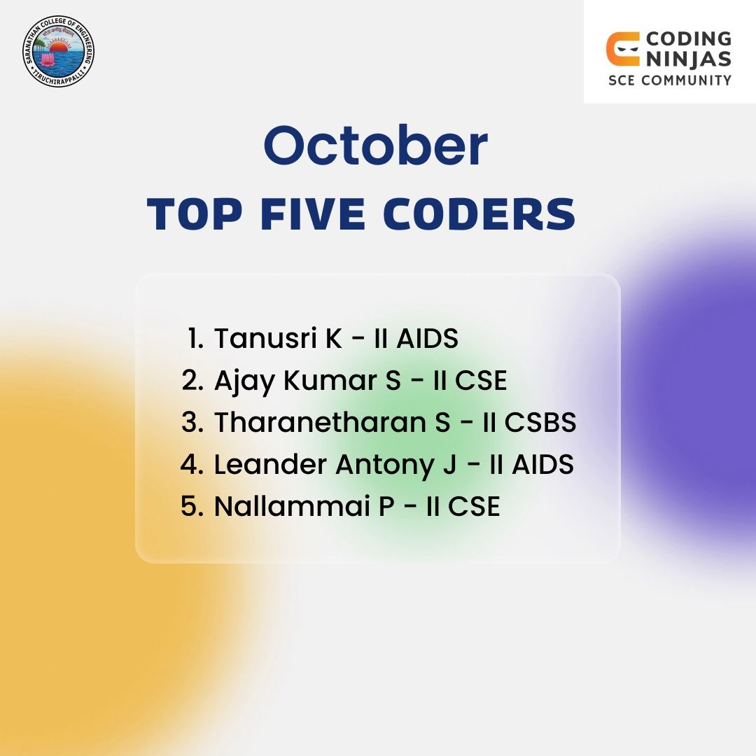 Coding_Ninjas_SCE Chapter on LinkedIn: 🥇 October’s Top 5 Coders 🥇 A big ... Coding_Ninjas_SCE Chapter on LinkedIn: 🥇 October’s Top 5 Coders 🥇 A big ...