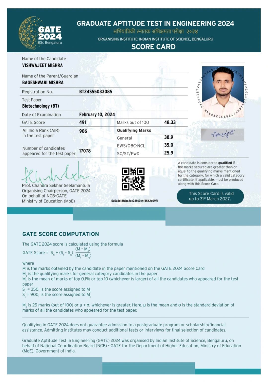 Vishwajeet Mishra on LinkedIn: GATE 2024 XL and BT Score Card - 2024 ... Vishwajeet Mishra on LinkedIn: GATE 2024 XL and BT Score Card - 2024 ...