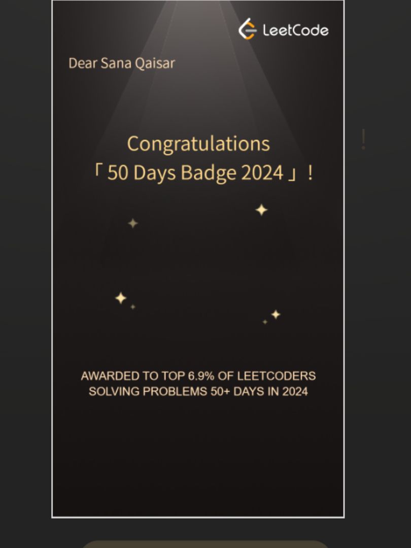 Sana Qaisar on LinkedIn: #leetcode #badge #milestone #codingjourney # ... Sana Qaisar on LinkedIn: #leetcode #badge #milestone #codingjourney # ...