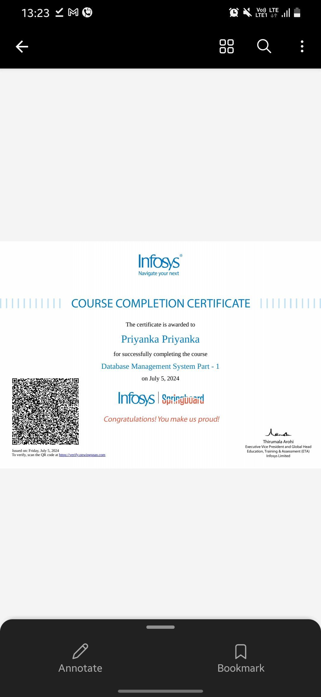 I have completed course on DBMS under the guidance of Mamatha Bai B G ... I have completed course on DBMS under the guidance of Mamatha Bai B G ...