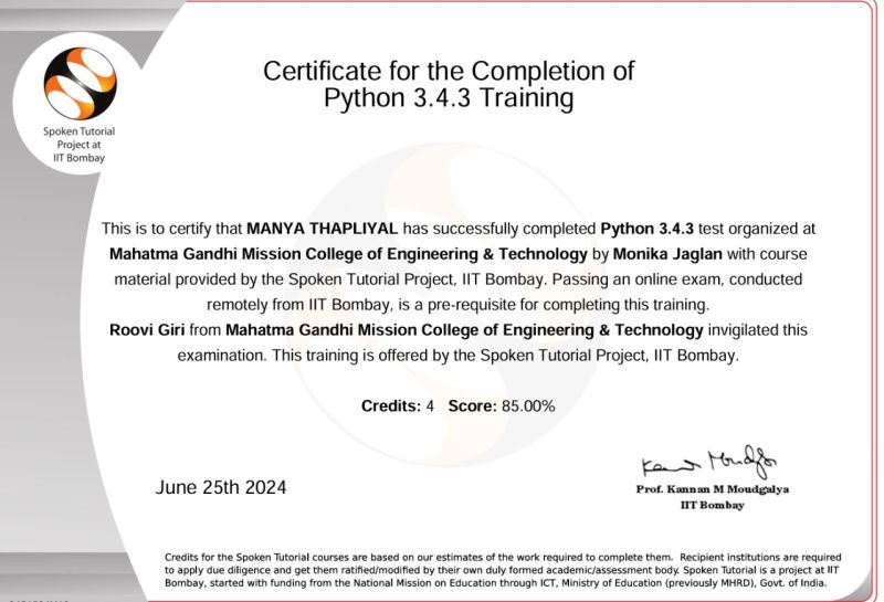 Completed Python test by Spoken Tutorial Project | MANYA THAPLIYAL ... Completed Python test by Spoken Tutorial Project | MANYA THAPLIYAL ...