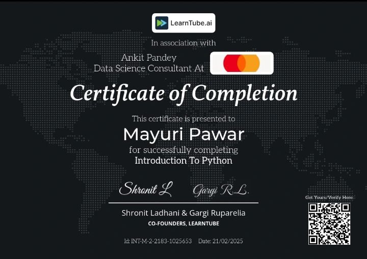 #python #coding #learntubeai #certification #skillgrowth | Mayuri Pawar #python #coding #learntubeai #certification #skillgrowth | Mayuri Pawar