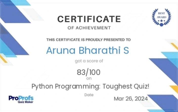Aruna Bharathi on LinkedIn: Certificate in Python Programming Aruna Bharathi on LinkedIn: Certificate in Python Programming