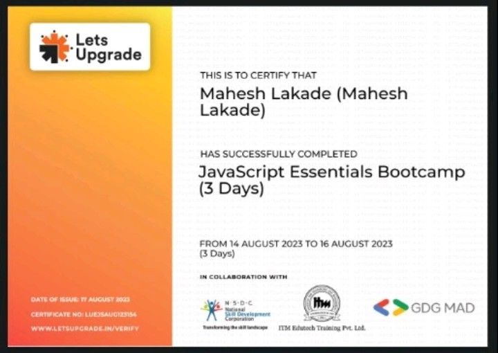 Mahesh Lakade on LinkedIn: #letsupgrade #javascript #bootcamp #skill Mahesh Lakade on LinkedIn: #letsupgrade #javascript #bootcamp #skill