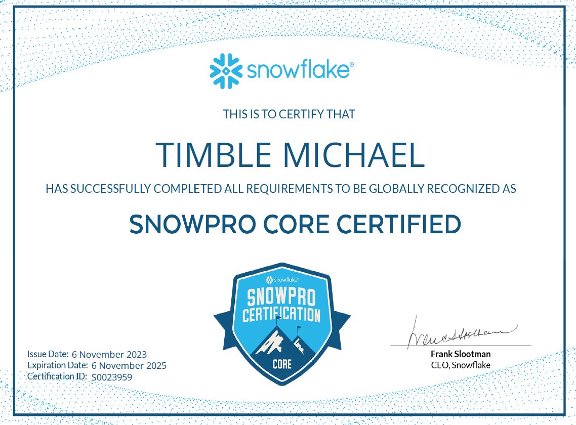 Timble Michael on LinkedIn: #snowpro #snowflake #certified Timble Michael on LinkedIn: #snowpro #snowflake #certified