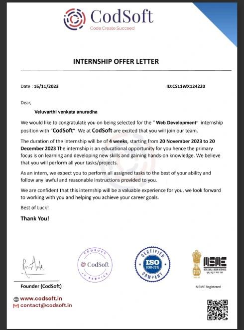 Anu radha Veluvarthi venkata on LinkedIn: #codsoft #internship # ... Anu radha Veluvarthi venkata on LinkedIn: #codsoft #internship # ...