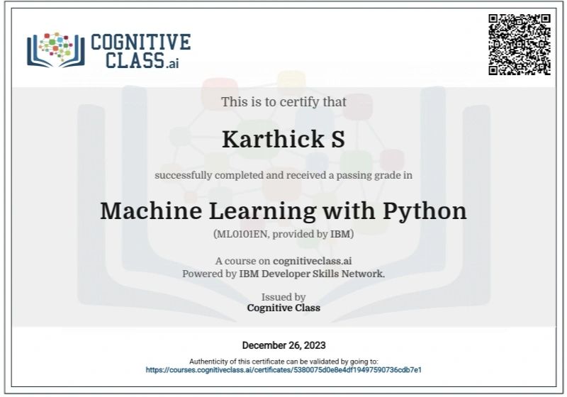 Machine learning with Python certificate | Karthick S Machine learning with Python certificate | Karthick S