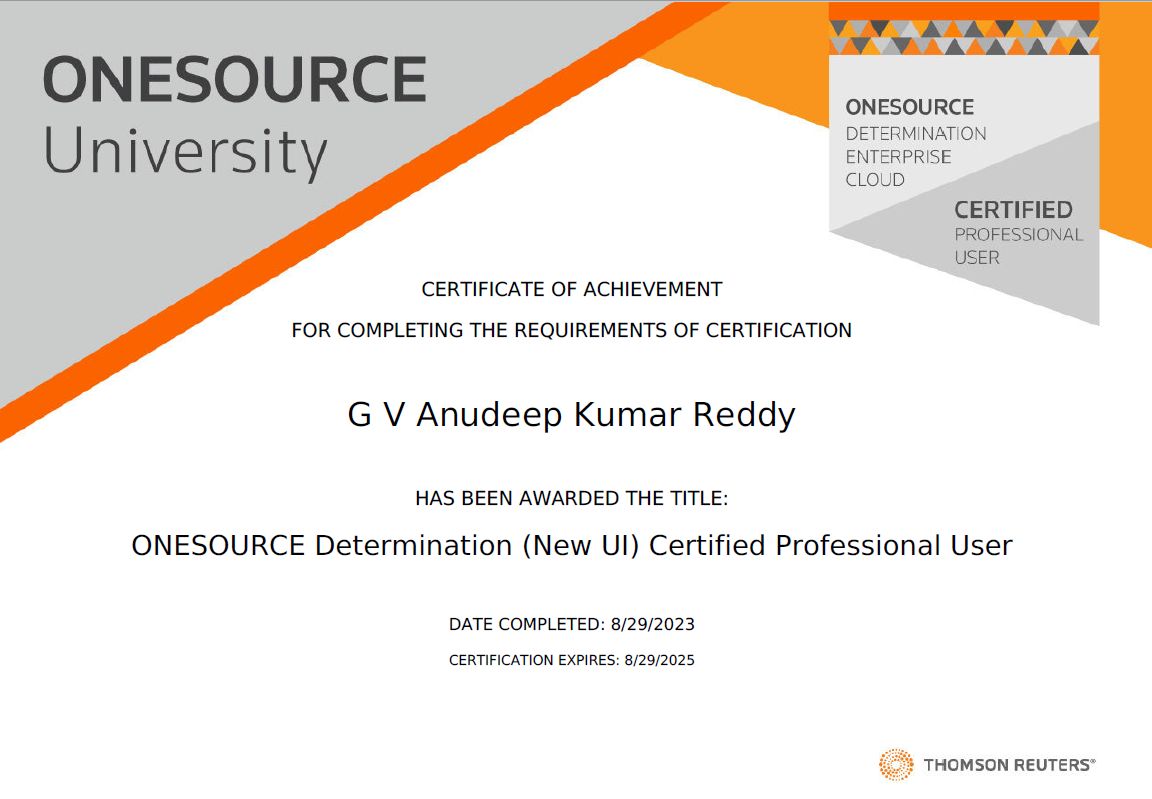 anudeep reddy on LinkedIn: Certified professional user - ONESOURCE ... anudeep reddy on LinkedIn: Certified professional user - ONESOURCE ...