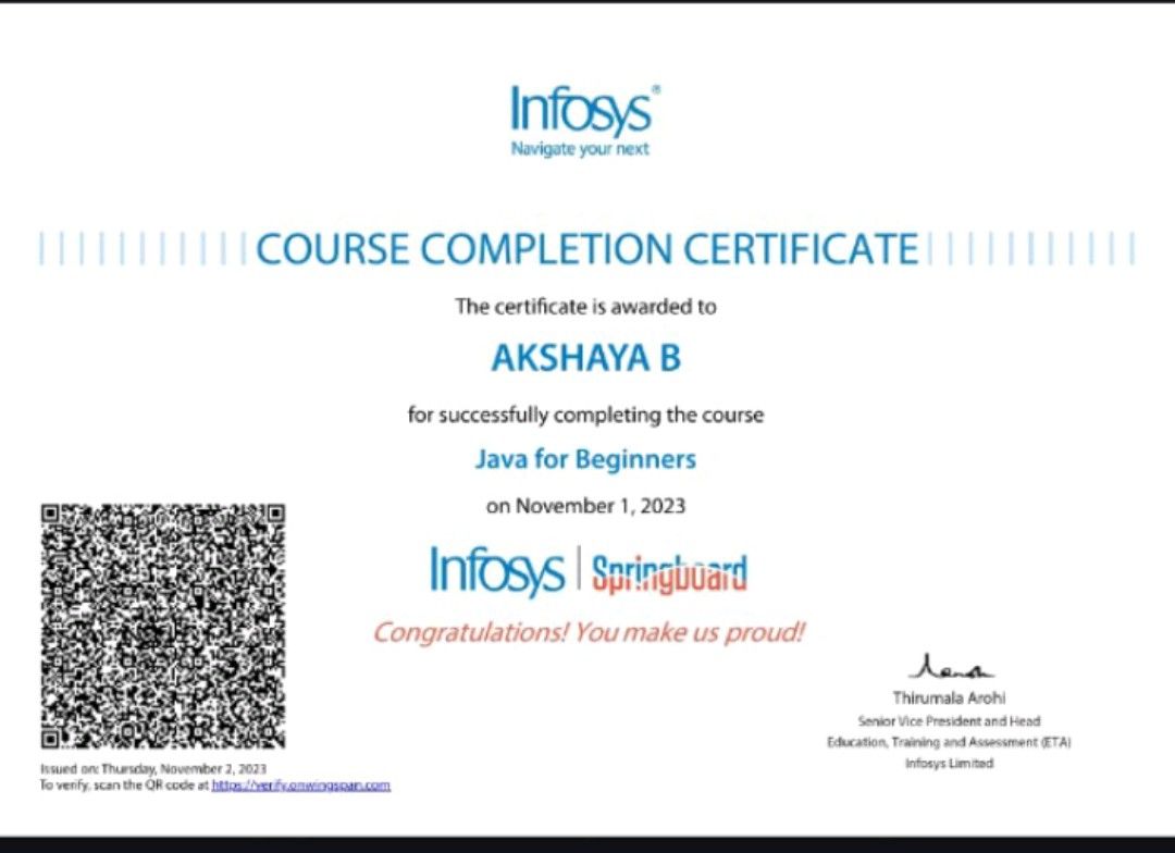 Completed Java for Beginners certificate at Infosys | AKSHAYA B posted ... Completed Java for Beginners certificate at Infosys | AKSHAYA B posted ...