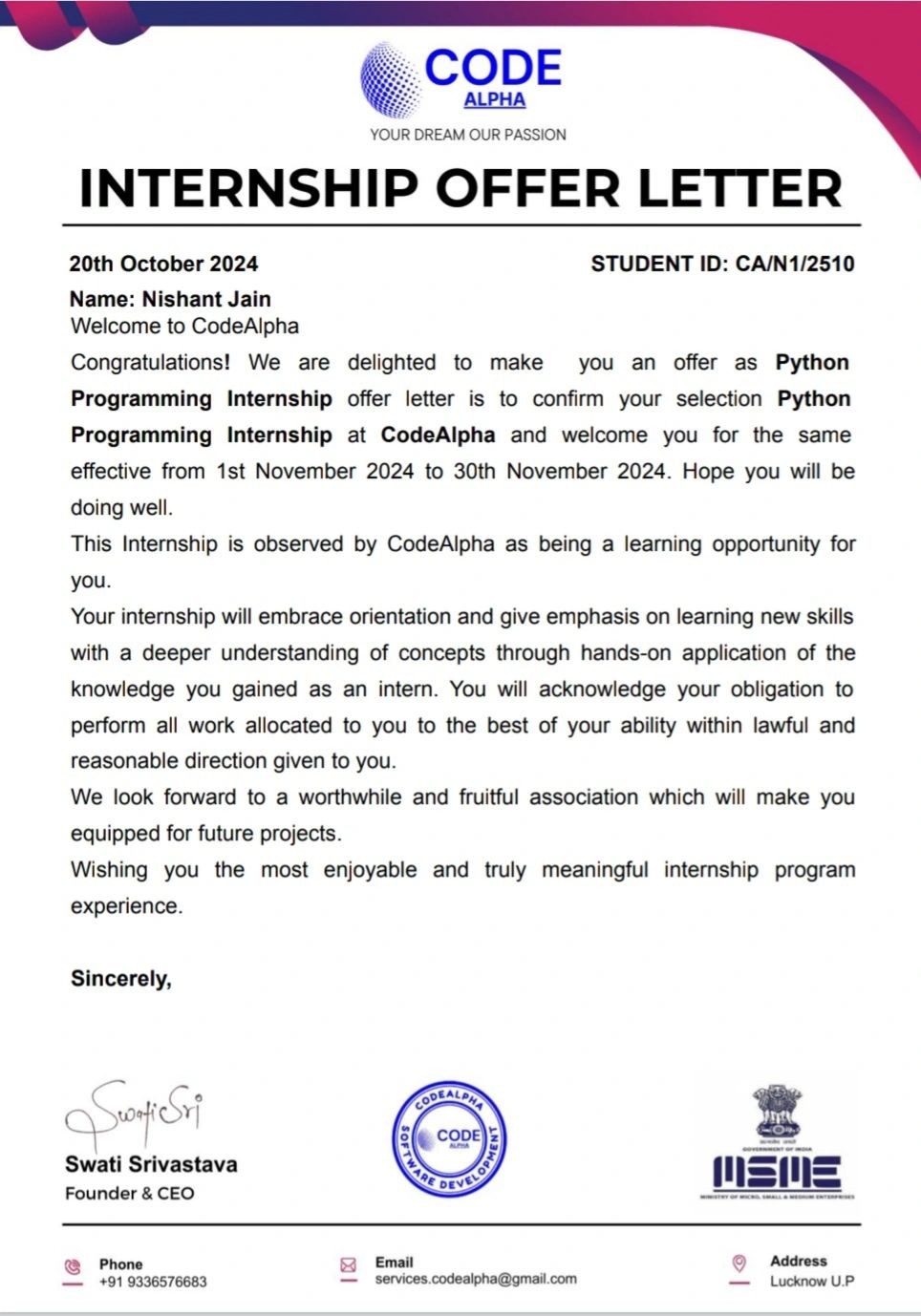 Nishant Jain on LinkedIn: #newbeginnings #internship #codealpha #grateful Nishant Jain on LinkedIn: #newbeginnings #internship #codealpha #grateful