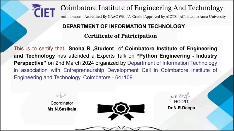 Attended Python Engineering Talk at Coimbatore | Sneha Ravikumar posted ... Attended Python Engineering Talk at Coimbatore | Sneha Ravikumar posted ...