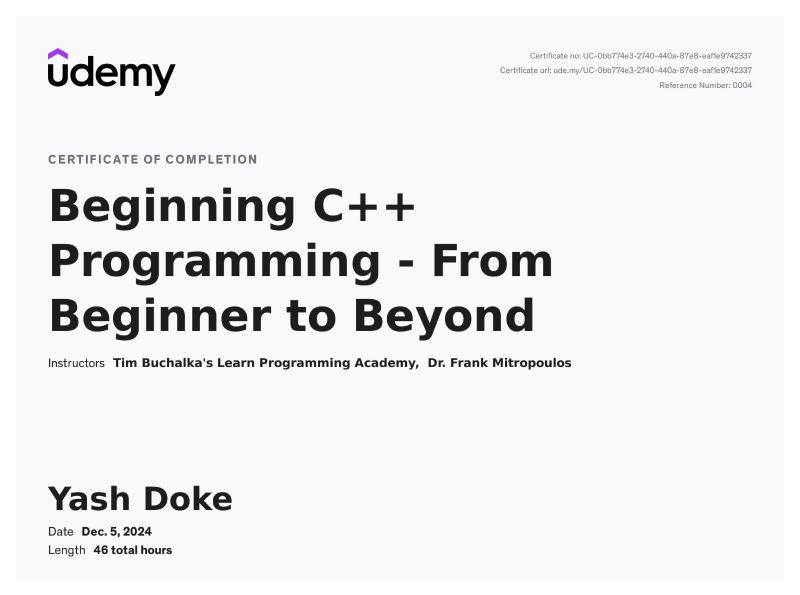 #cpp #programming #certification #learningjourney #udemy | Yash Doke #cpp #programming #certification #learningjourney #udemy | Yash Doke