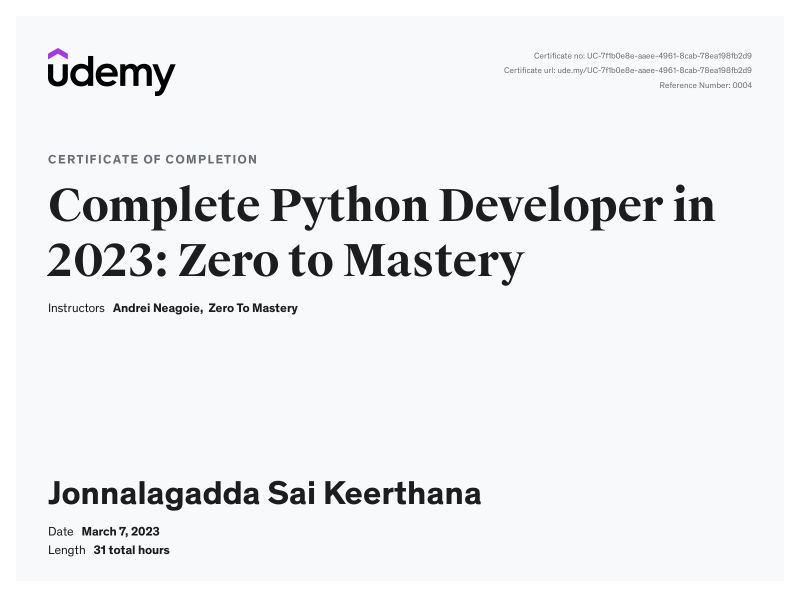 Completed a Udemy course in Complete Python Developer : Zero to Mastery ... Completed a Udemy course in Complete Python Developer : Zero to Mastery ...