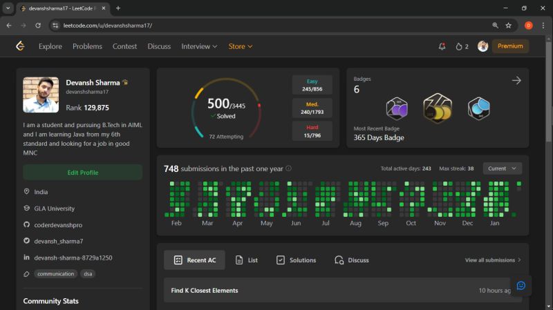Recently completed 500 questions on LeetCode | Devansh Sharma Recently completed 500 questions on LeetCode | Devansh Sharma