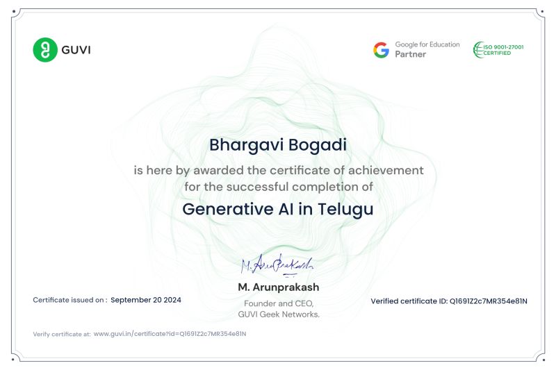 BHARGAVI BOGADI on LinkedIn: #guvi #generativeai #llms #certificate BHARGAVI BOGADI on LinkedIn: #guvi #generativeai #llms #certificate