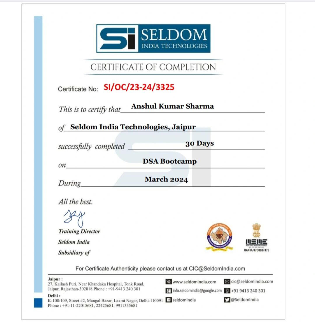 Anshul Sharma on LinkedIn: I have recently completed my DSA bootcamp ... Anshul Sharma on LinkedIn: I have recently completed my DSA bootcamp ...