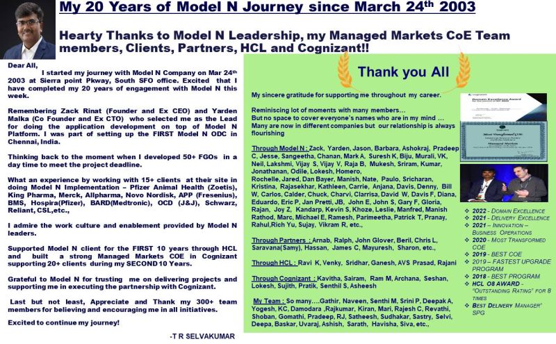 SELVAKUMAR THURAI RAJAGOPAL on LinkedIn: My 20 Years of Model N Journey ... SELVAKUMAR THURAI RAJAGOPAL on LinkedIn: My 20 Years of Model N Journey ...