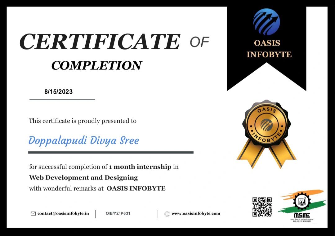 #webdevelopment #internship #oasisinfobyte | Doppalapudi Divya Sree #webdevelopment #internship #oasisinfobyte | Doppalapudi Divya Sree