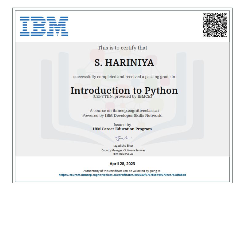 Hariniya S on LinkedIn: #python #ibmcourse Hariniya S on LinkedIn: #python #ibmcourse