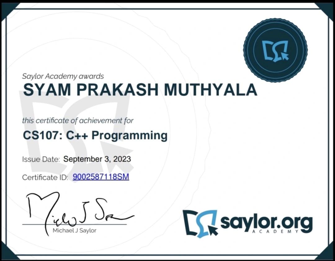 syam prakash muthayla on LinkedIn: #cplusplus #programming #certification syam prakash muthayla on LinkedIn: #cplusplus #programming #certification