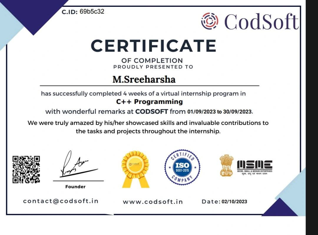 Sree Harsha on LinkedIn: #cplusplus #internshipcomplete #codingsuccess ... Sree Harsha on LinkedIn: #cplusplus #internshipcomplete #codingsuccess ...